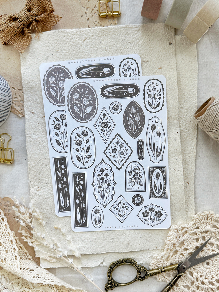 monochrome stamps sticker sheets - 2pc set – leela journals