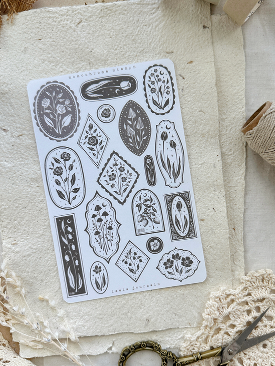 monochrome stamps sticker sheets - 2pc set – leela journals