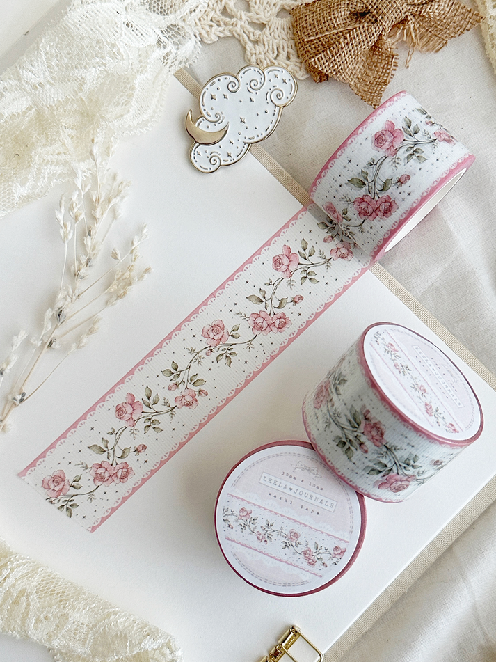 pink rose ribbed lace washi tape – leela journals