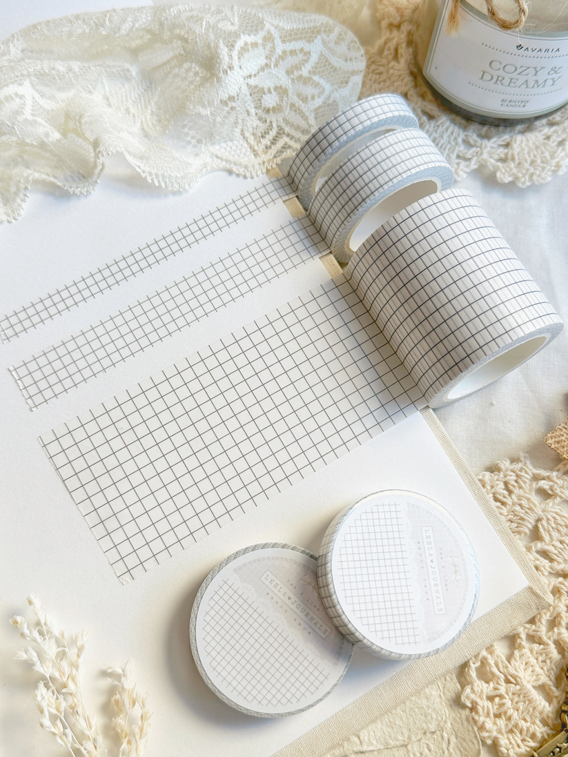 *retiring* white light gray grid washi tape – leela journals