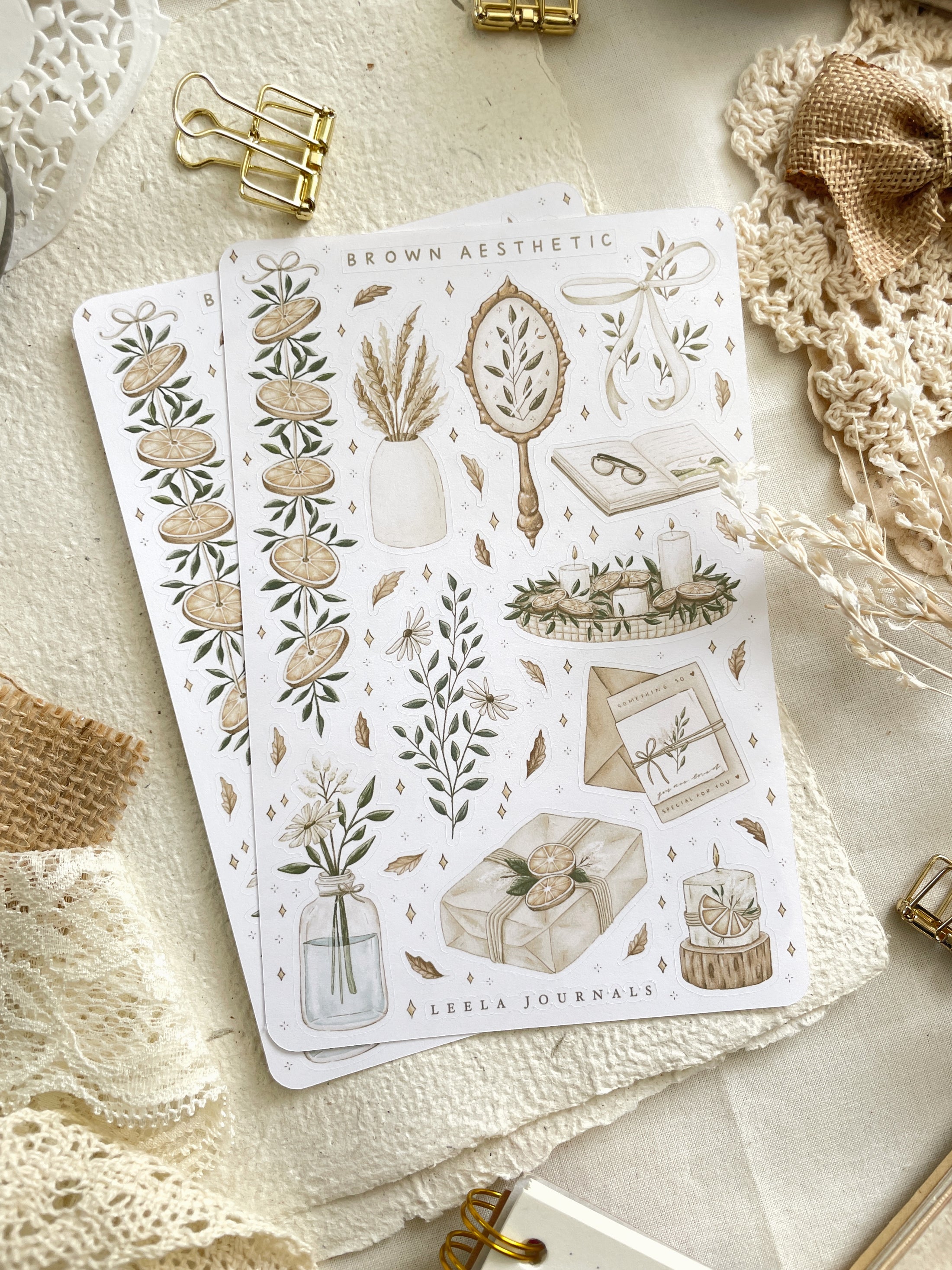 brown aesthetic sticker sheet – leela journals